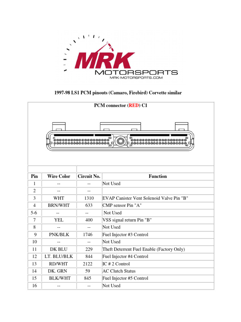 97-98 LS1 PCM Pinouts | PDF | Vehicle Technology | Vehicles