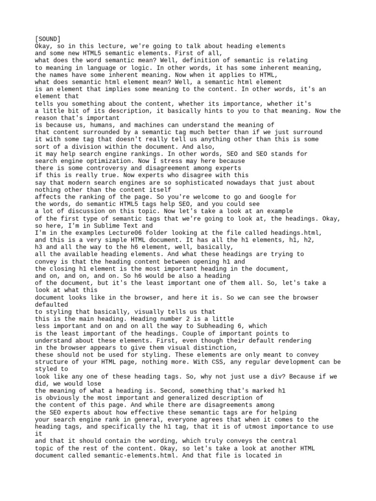 Heading Elements And Some New Html5 Semantic Comments Pdf Html Html Element 