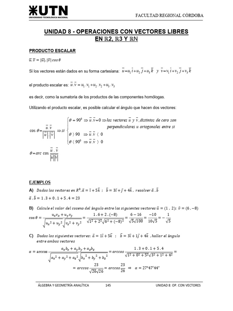 2024 - Unidad 8 - Operaciones con vectores libres en ℝ2, ℝ3 y ℝn | PDF | Vector Euclidiano ...
