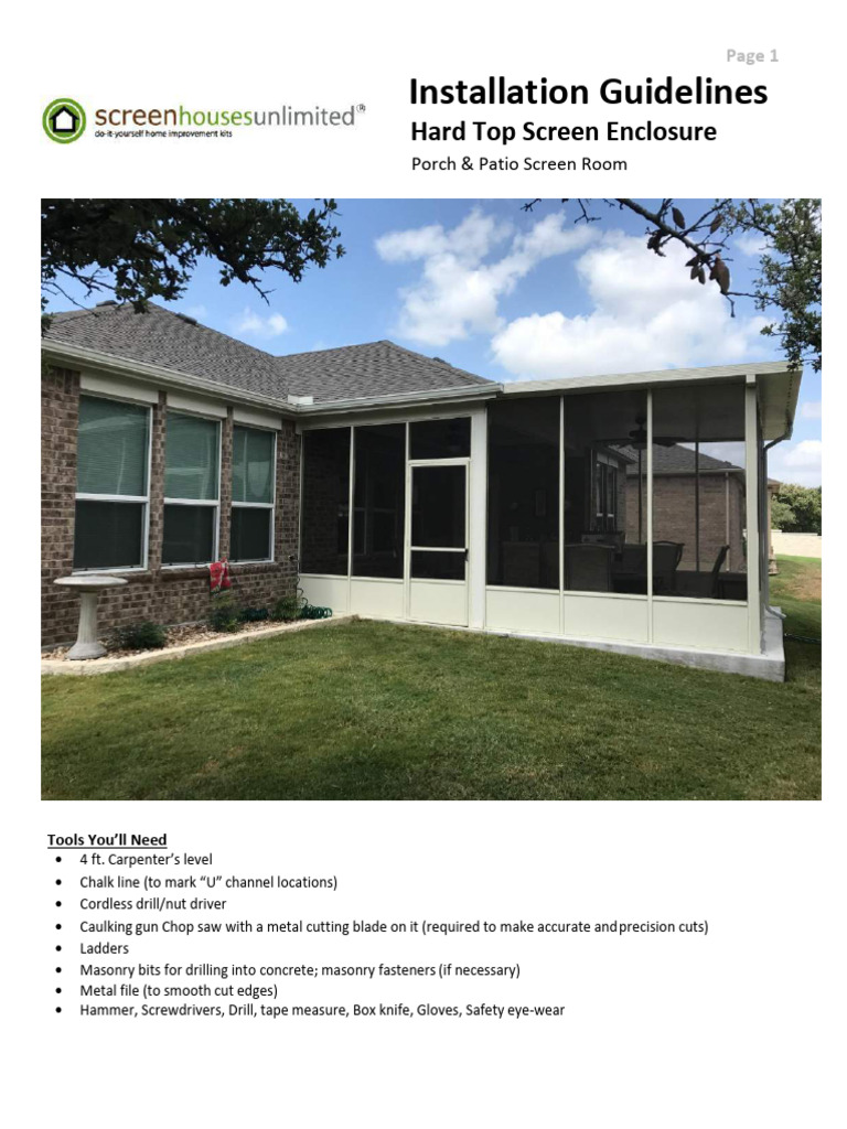 Installation Guidelines. Hard Top Screen Enclosure, Porch & Patio ...