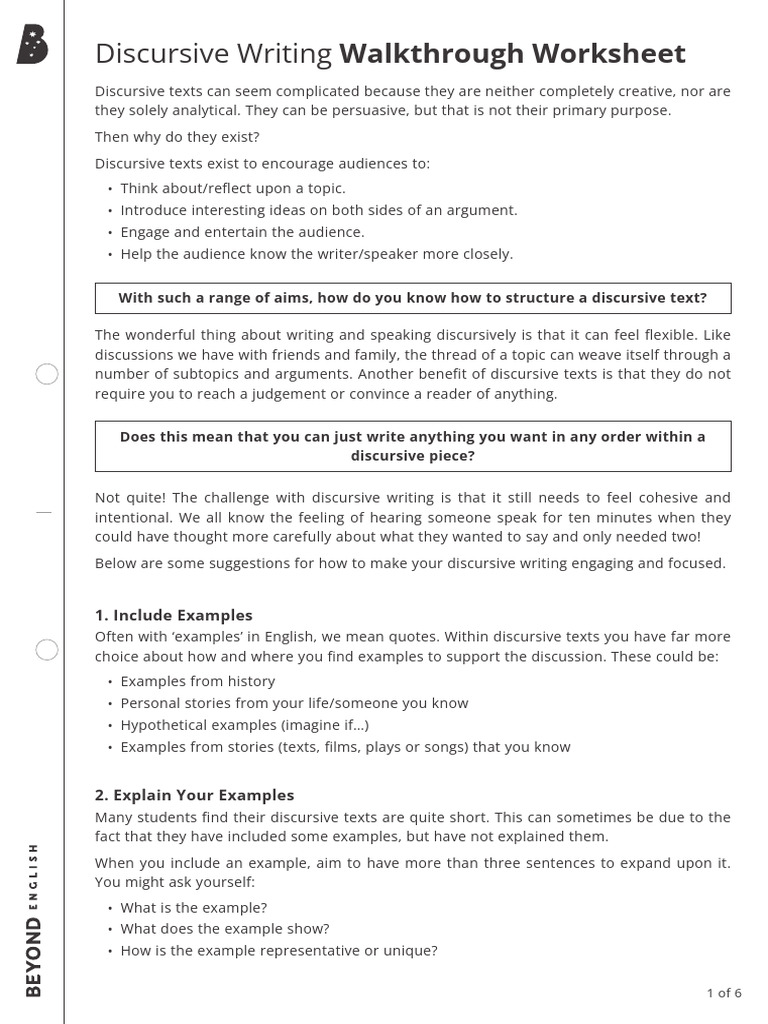 Discursive worksheet | PDF | Cognition | Human Communication