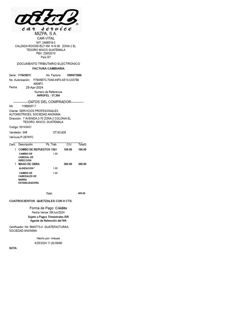 Factura de Servicios Automotrices en Guatemala | PDF | Factura