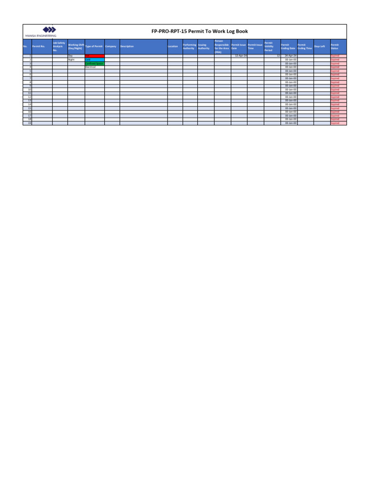 FP-PRO-RPT-15 Permit To Work Log Book | PDF