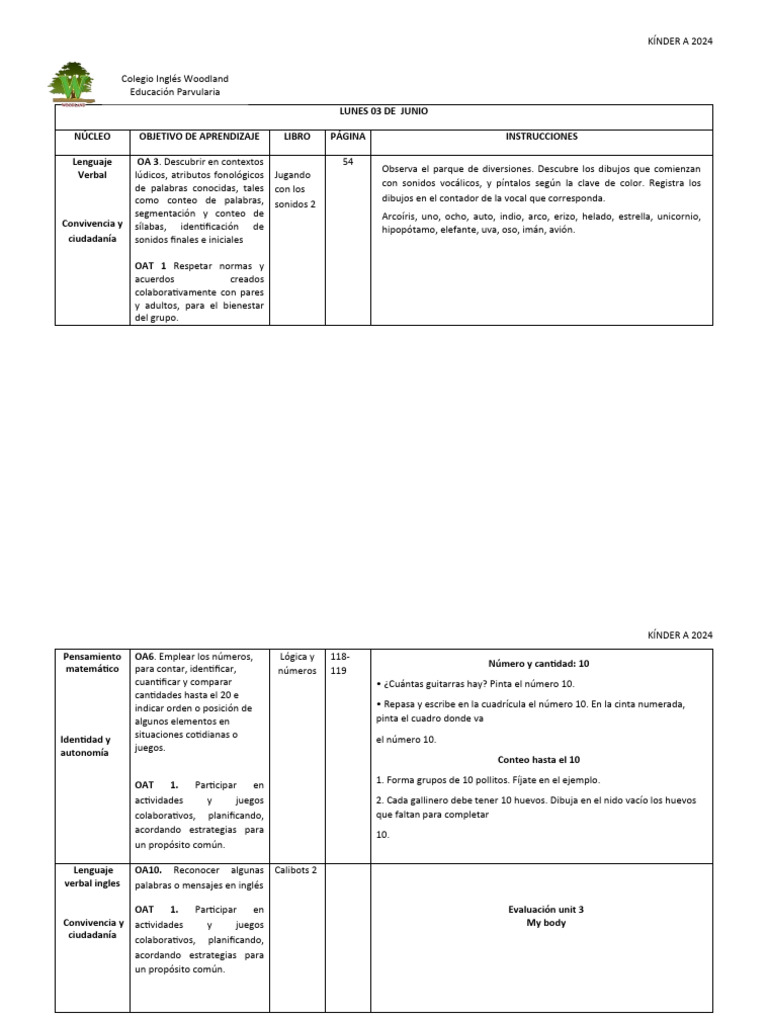 Planificacion Semanal 03 Al 7 de Junio Kinder A | PDF | Educación de la ...
