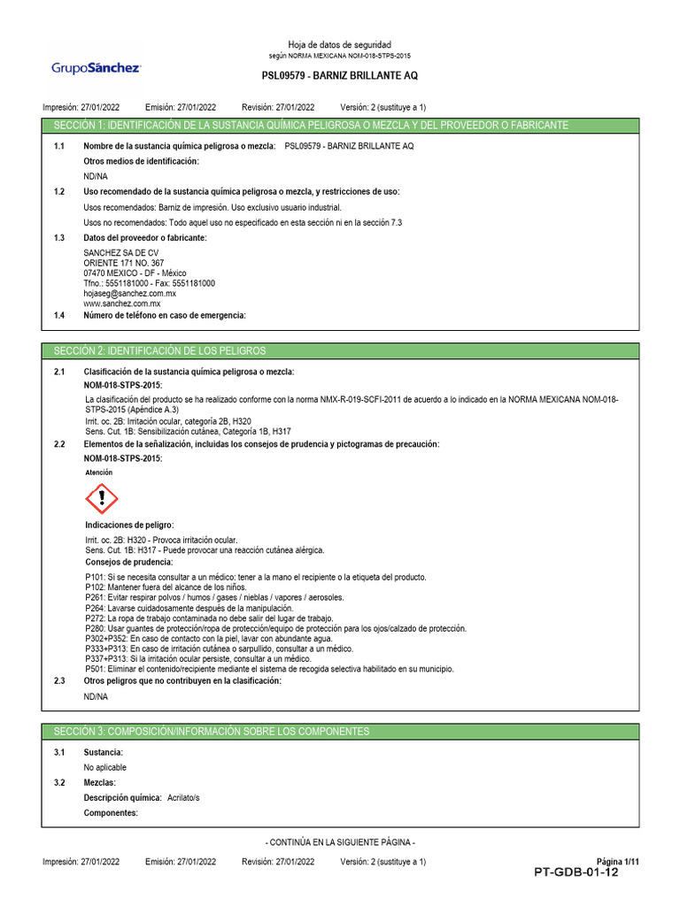 Hoja de Seguridad - Aq 579 (1) | PDF | Residuos | Toxicidad