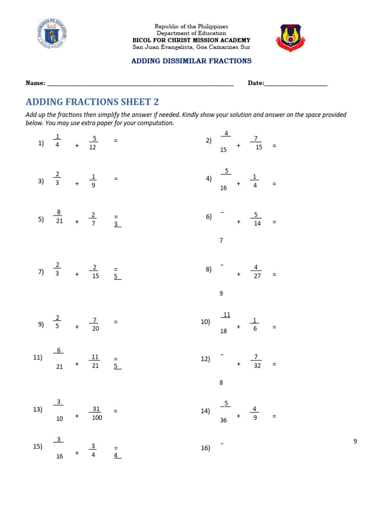 Adding Dissimilar Fractions Worksheet | PDF