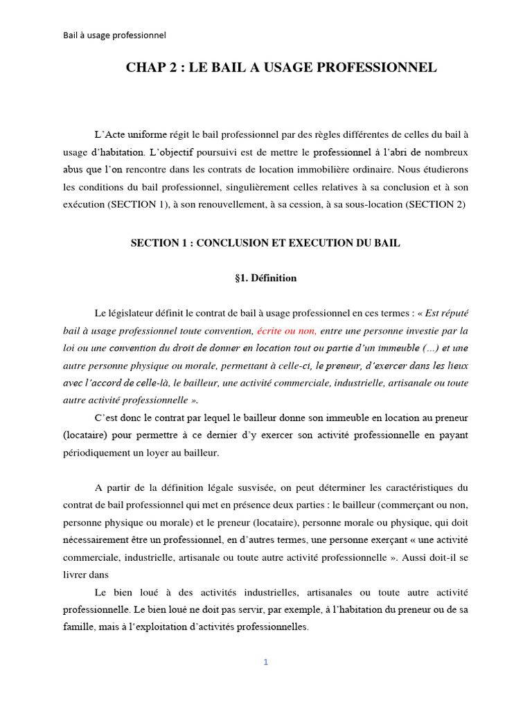 Bail à Usage Professionnel : Guide Complet | PDF | Location | Droit privé