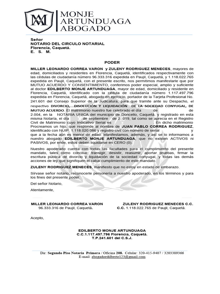 Poder y Demanda de Divorcio Civil de Mutuo Acuerdo Ante Notaria Con Hijos Sin Bienes de Zuleny y ...