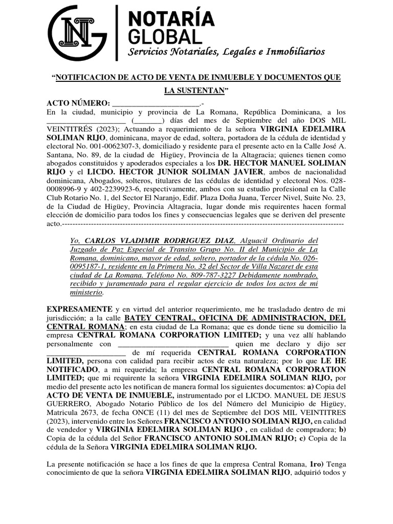 Notificacion de Documentos Al Central Romana Francisco Antonio Soliman ...