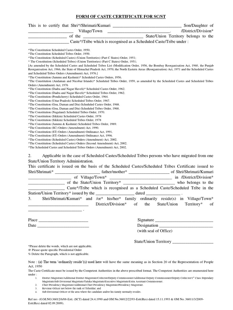 SC/ST Caste Certificate Format | PDF | Government Of India | Government