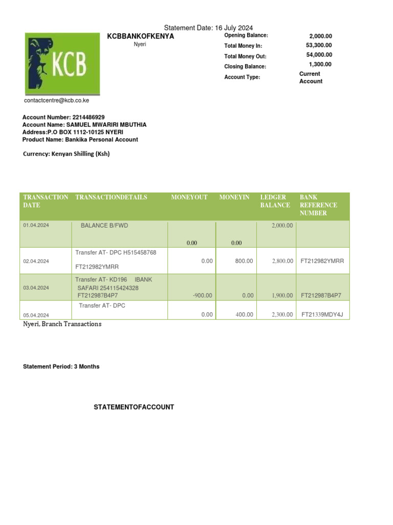 KCB Bank Statement | PDF | Trade | Financial Services