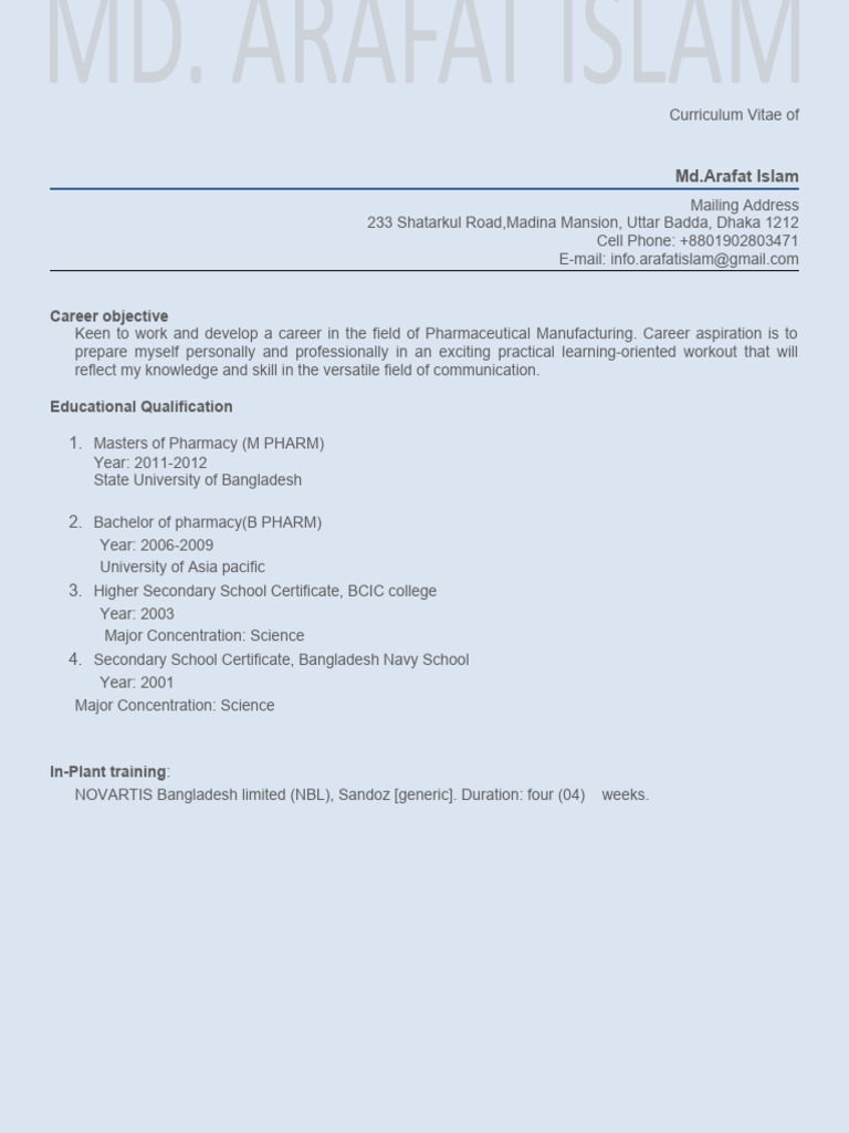 CV Arafat Update Fresh | PDF | Packaging And Labeling | Health Care