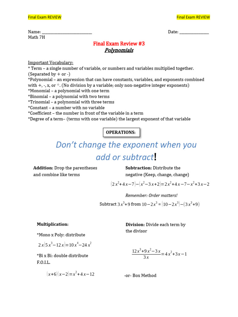 Math 7H Polynomials Final Exam Review | PDF | Polynomial | Mathematical ...