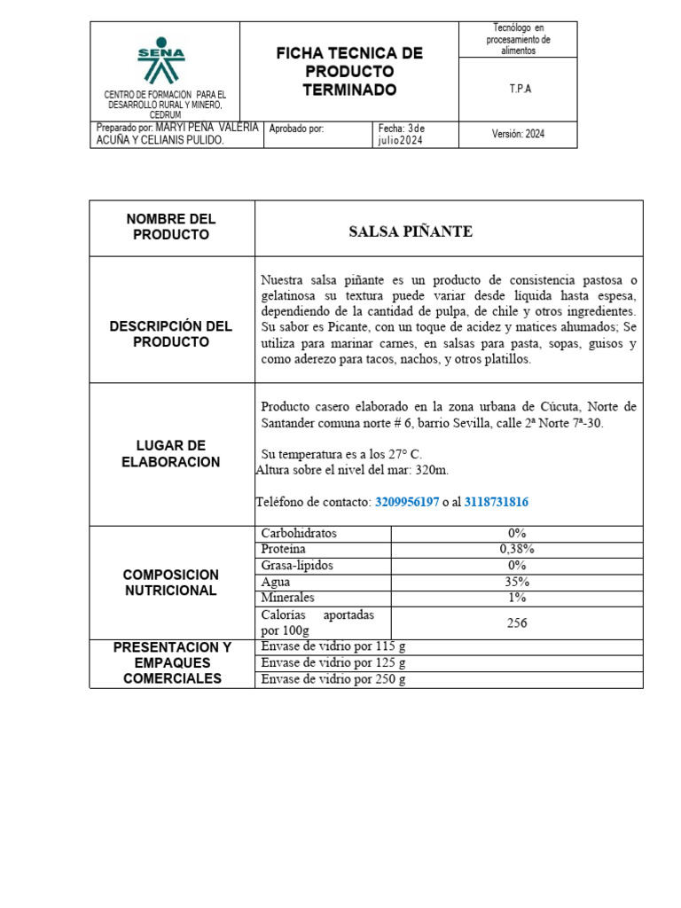 Ficha Tecnica de Producto Terminado Sena-1 | PDF | Salsa | Alimentos