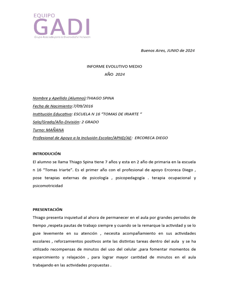 Informe Escolar de Thiago Spina | PDF | Escuelas | Las emociones