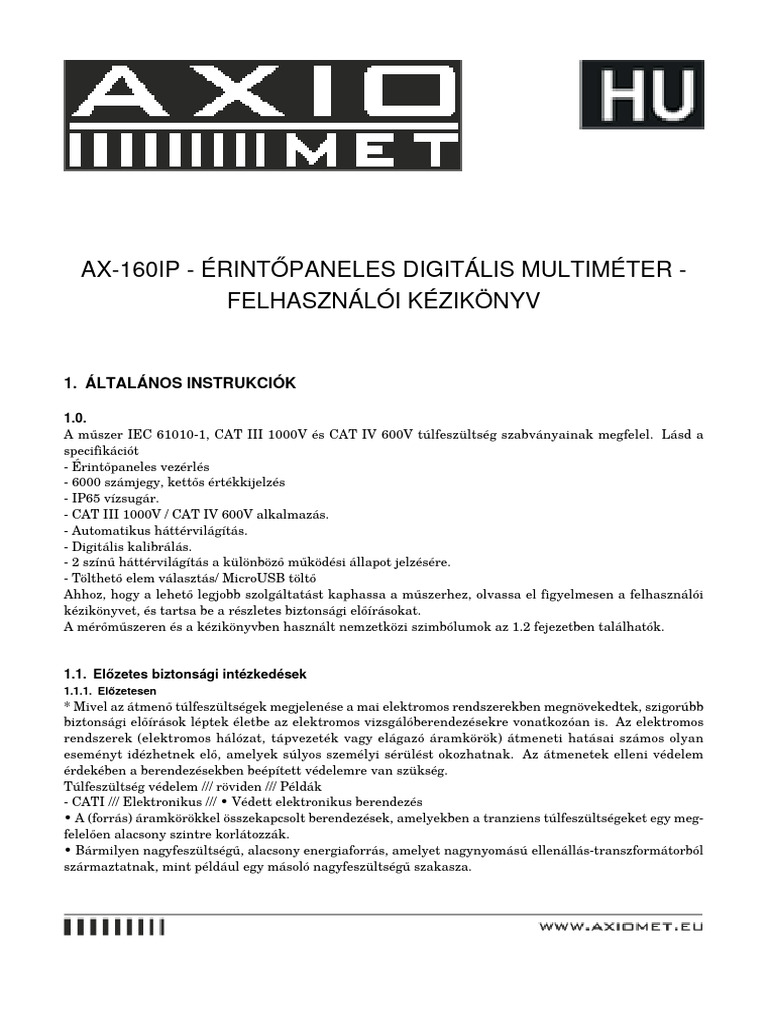 Ax-160Ip - Érintőpaneles Digitális Multiméter - Felhasználói Kézikönyv ...