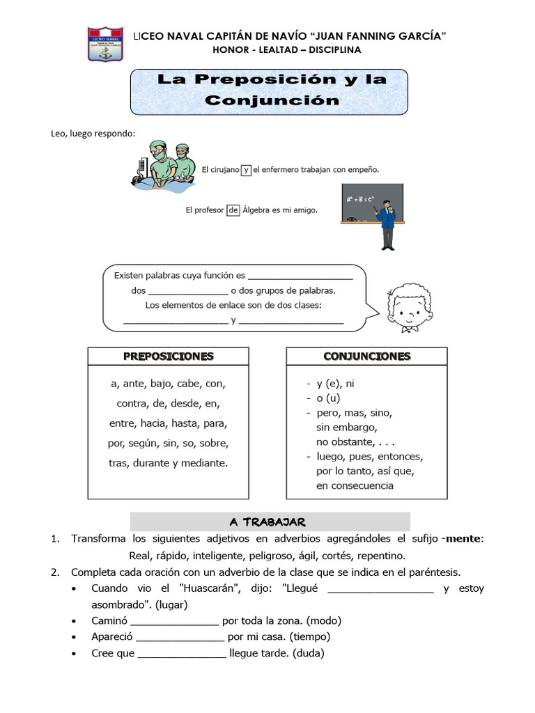 U4 Ficha Preposiciones y Conjunciones para Quinto de Primaria | PDF ...