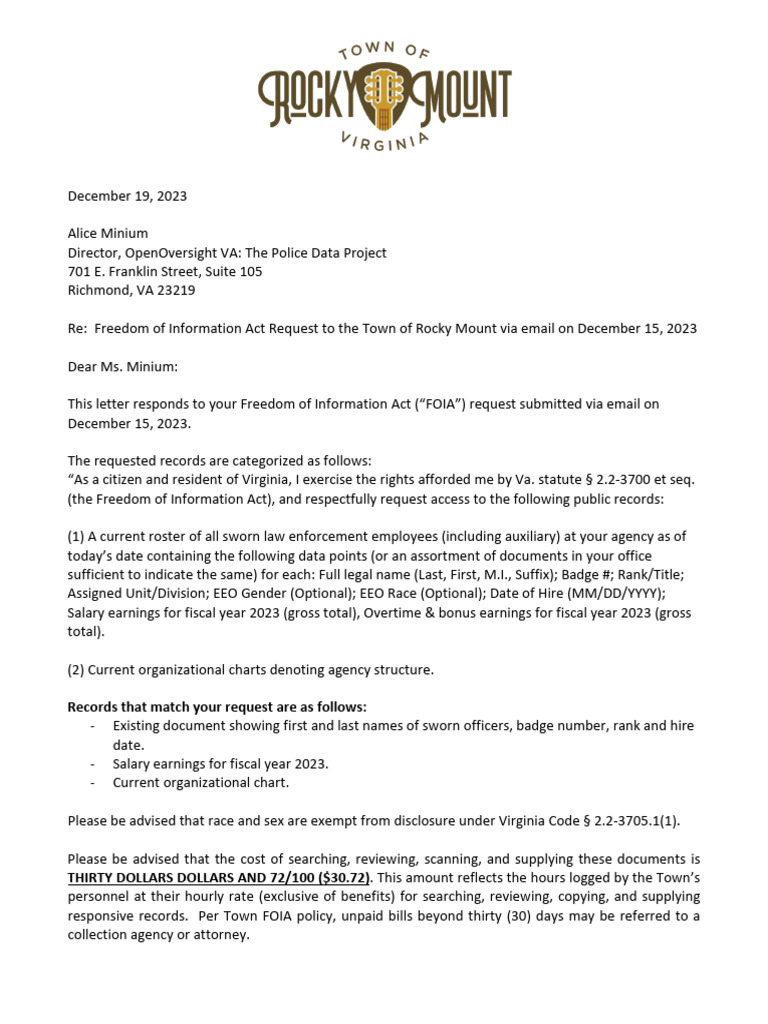 Rocky Mount Police Roster 2023-12-19 | PDF | Freedom Of Information Act ...