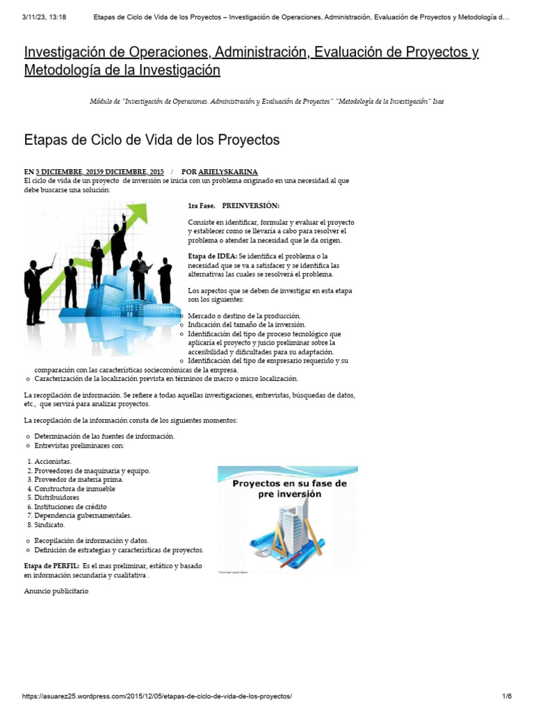 Etapas De Ciclo De Vida De Los Proyectos Investigación De Operaciones