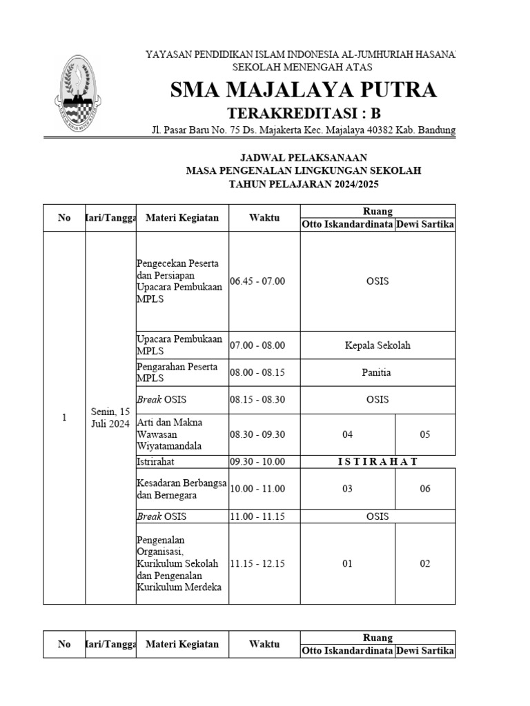 Jadwal MPLS SMA Majalaya Putra 2024/2025 | PDF