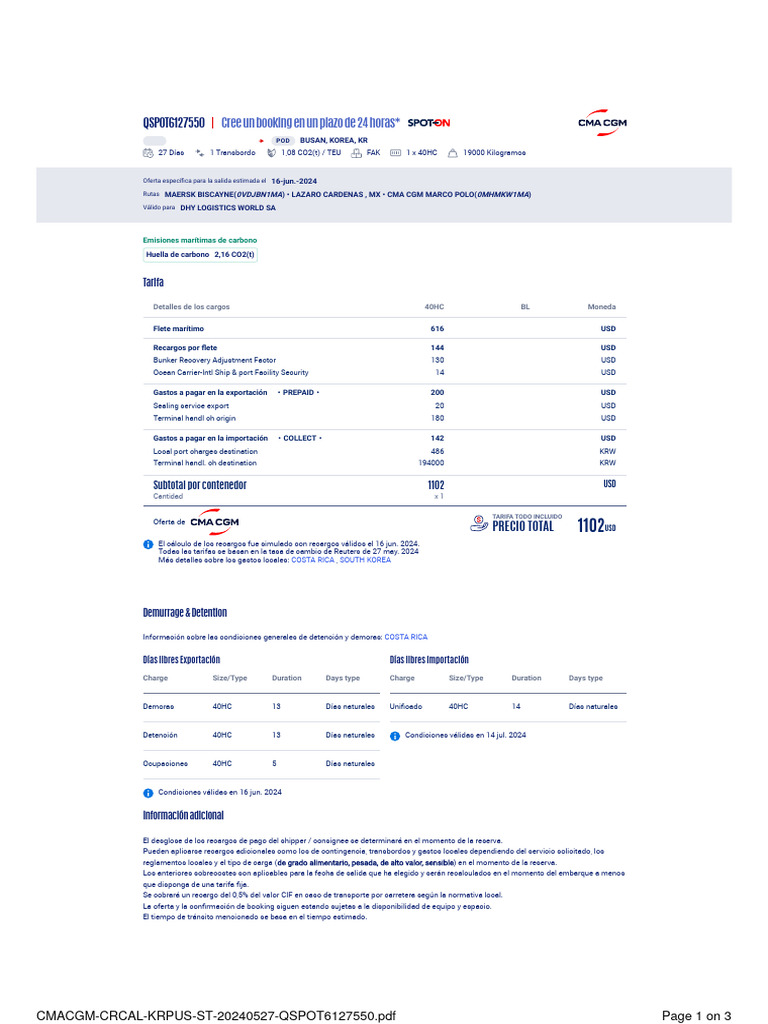 Cmacgm Crcal Krpus ST 20240527 Qspot6127550 | PDF