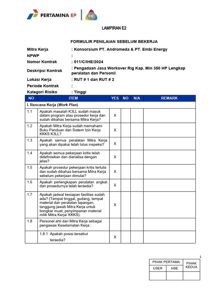 Form Penilaian Sebelum Bekerja (PSB) - Andromeda | PDF