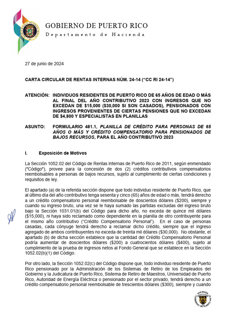 CC Ri 24-14 Formulario 481.1 Seniors - Ano Contributivo 2023 Signed 27 ...
