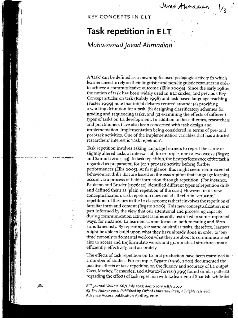 Ahmadian J 2012 Task Repetition in ELT Key Concepts in ELT | PDF