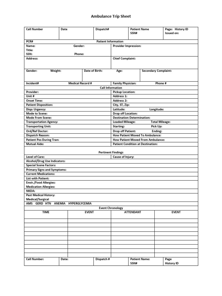 Ambulance Trip Notes Form | PDF | Emergency Medical Technician | Ambulance