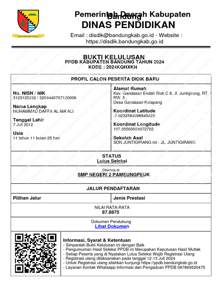 Bukti Kelulusan PPDB Tahun 2024 an. MUHAMMAD DAFFA AL-MA'ALI ...