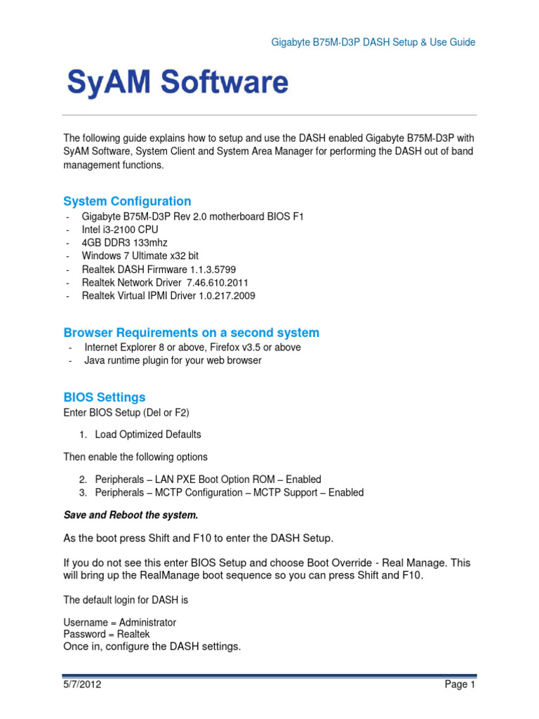 SyAM Setup and Use Guide DASH Gigabyte B75M D3P | PDF | Bios | Booting