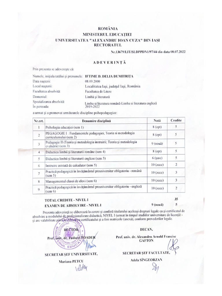 Adeverință Absolvire Modul Profesionalizare Didactică (NIVEL I) | PDF