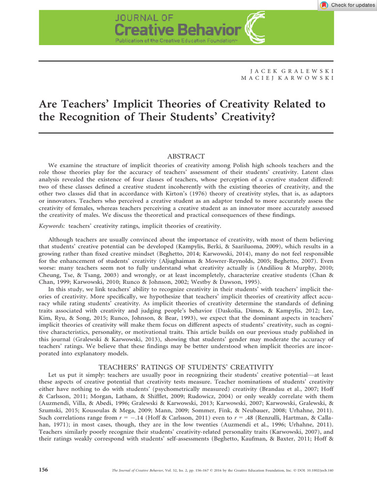 Journal of Creative Behavior - 2016 - Gralewski - Are Teachers Implicit ...