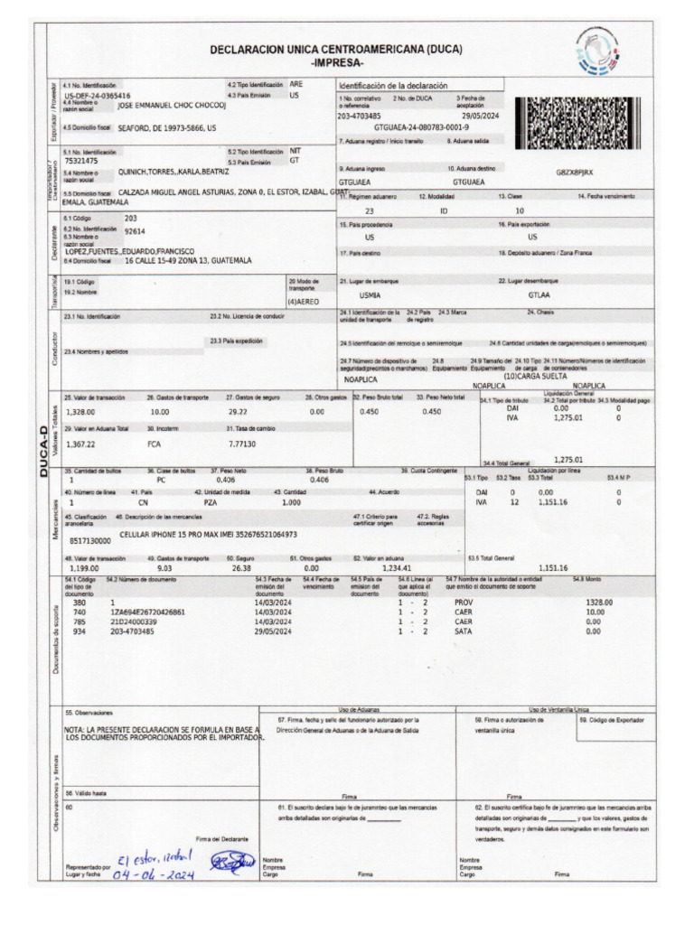 Declaracion Unica Centroamerica (DUCA) | PDF
