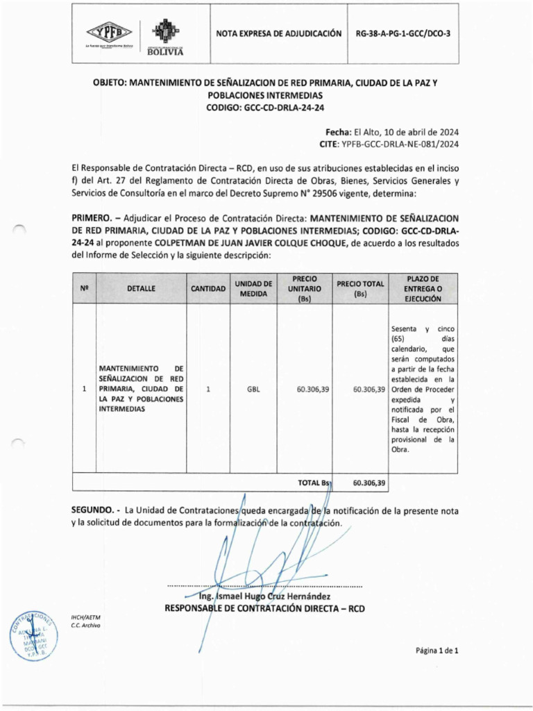 Nota Expresa de Adjudicación - 0001 | PDF