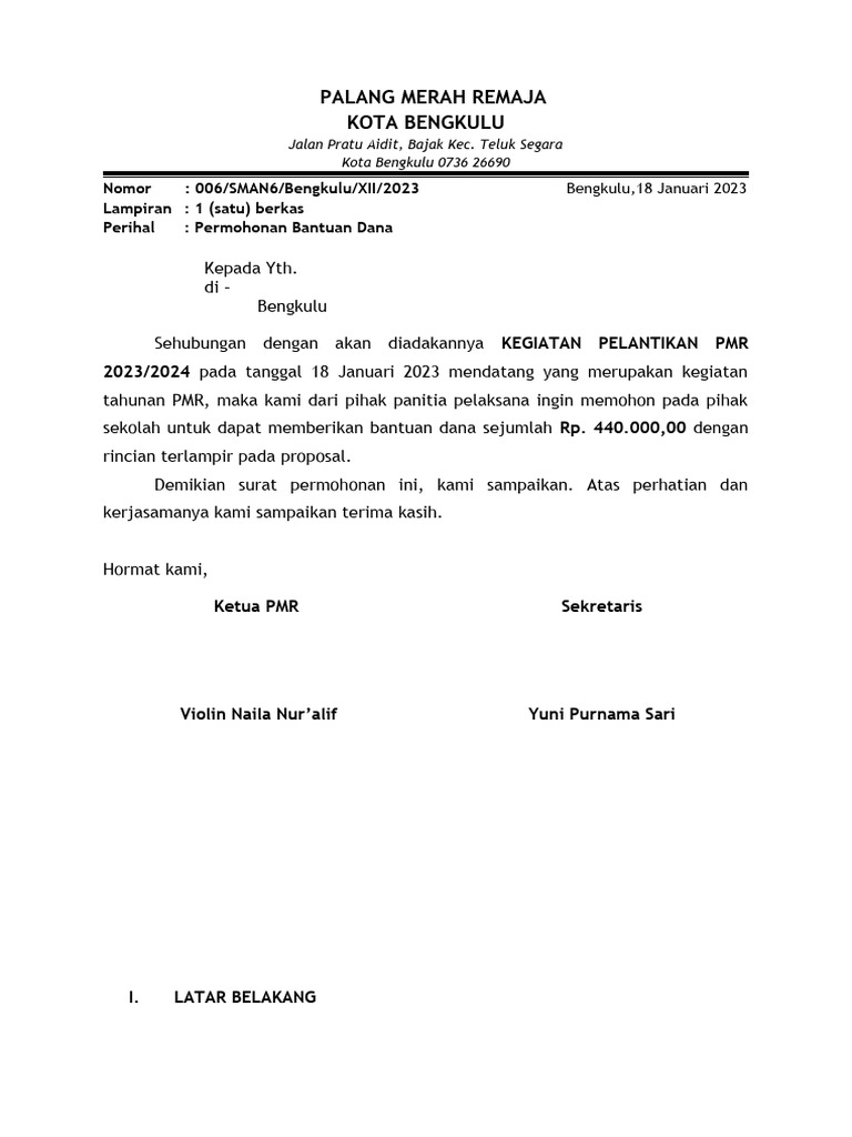 Proposal Pelantikan PMR Tgs B.indo | PDF | Bisnis | Ilmu Sosial