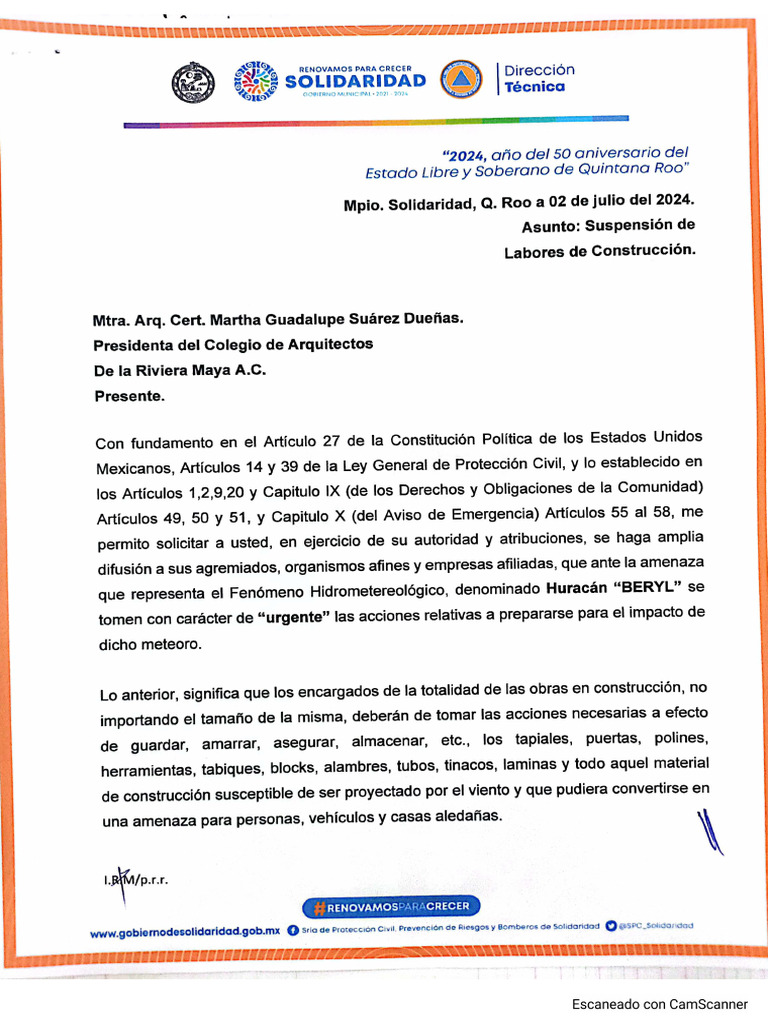 Oficio Suspensión de Labores de Construcción Protección Civil | PDF