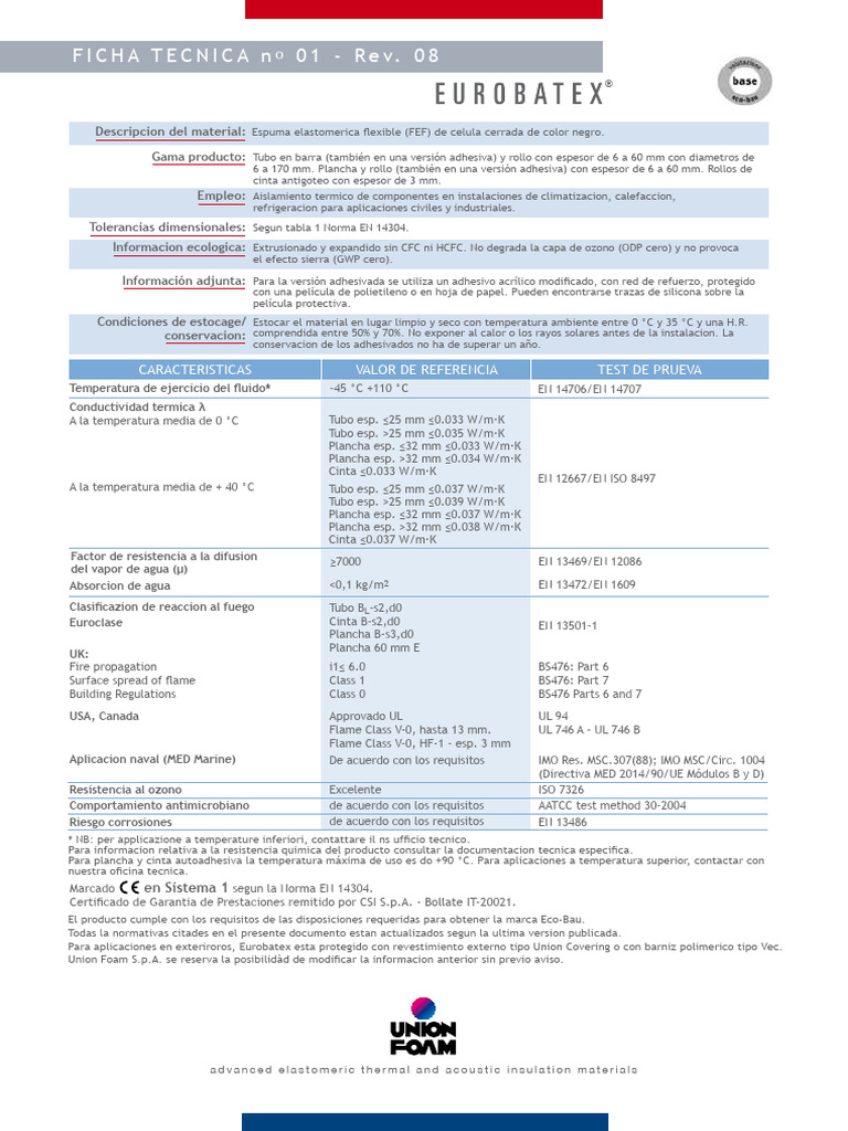 Ficha Técnica - Espuma Elastomérica Eurobatex | PDF | Materiales | Física Aplicada e ...