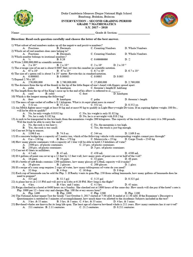 Intervention 2NDPT 2017 18 | PDF | Ounce | Pound (Mass)