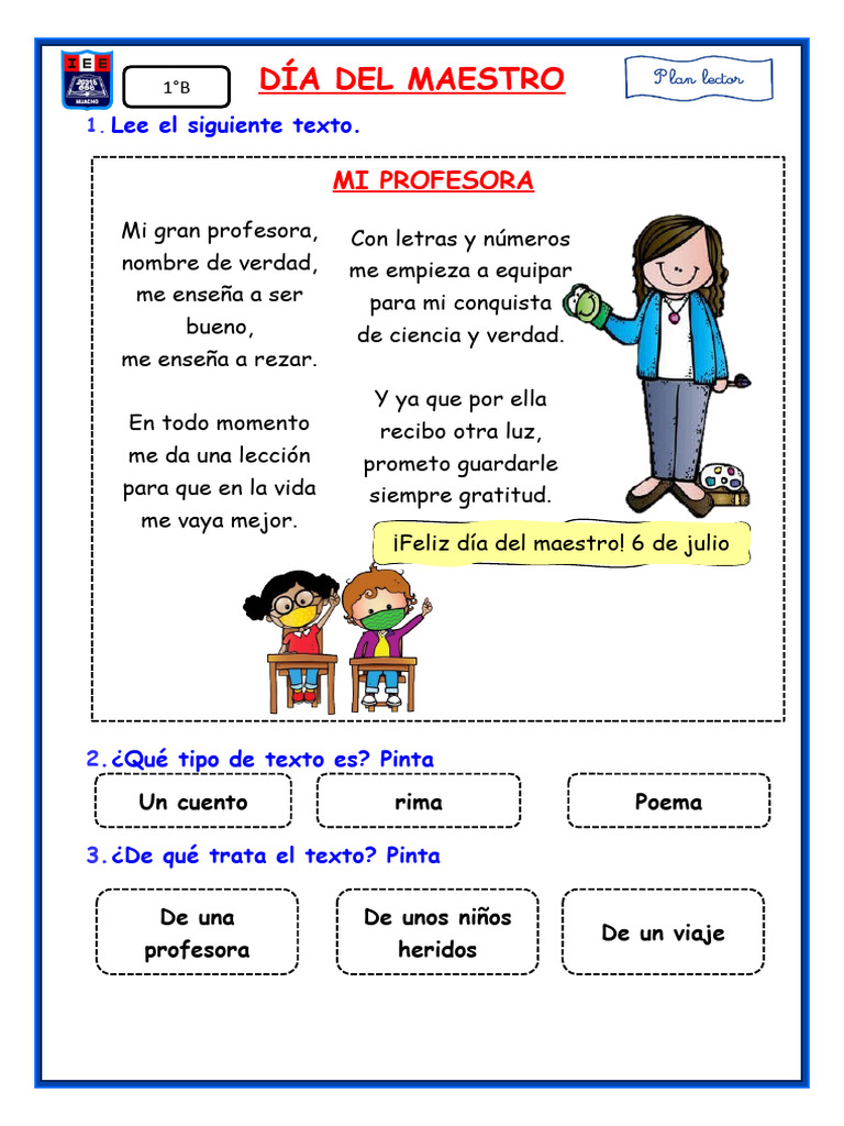 Ficha de Plan Lector Día Del Maestro | PDF