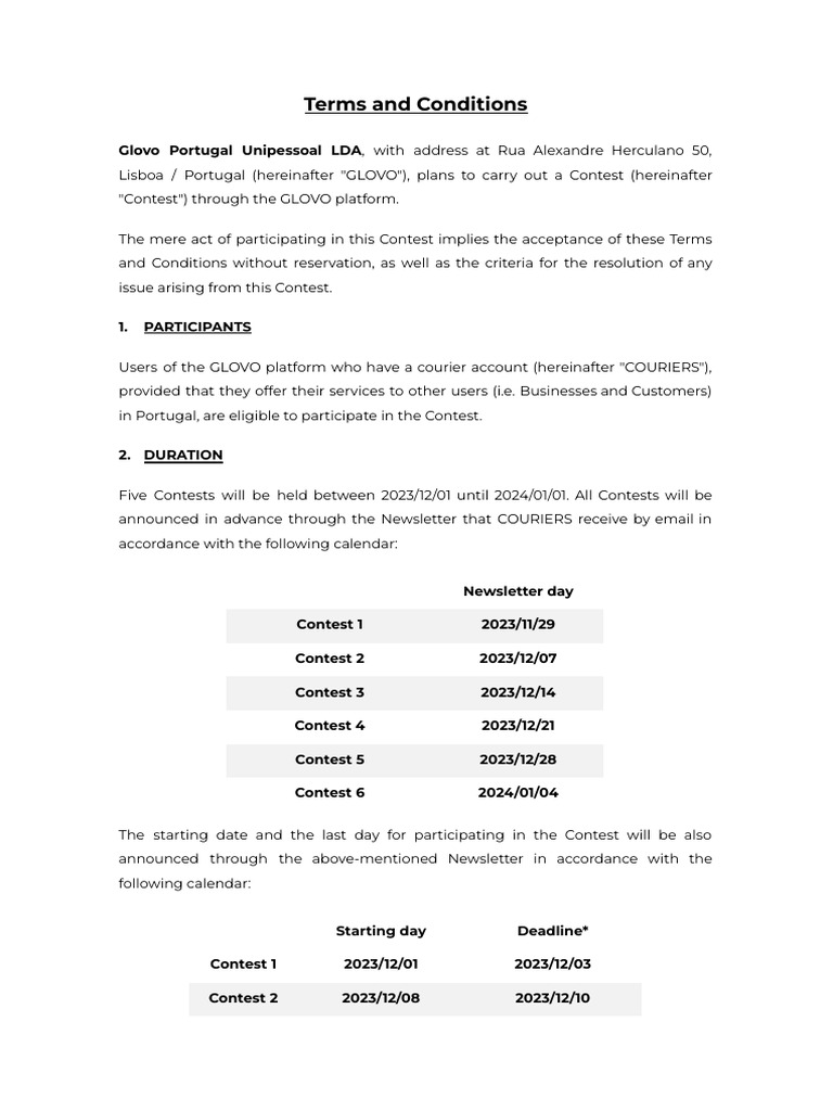 Glovo Portugal Contest Terms & Conditions | PDF | Justice | Crime ...