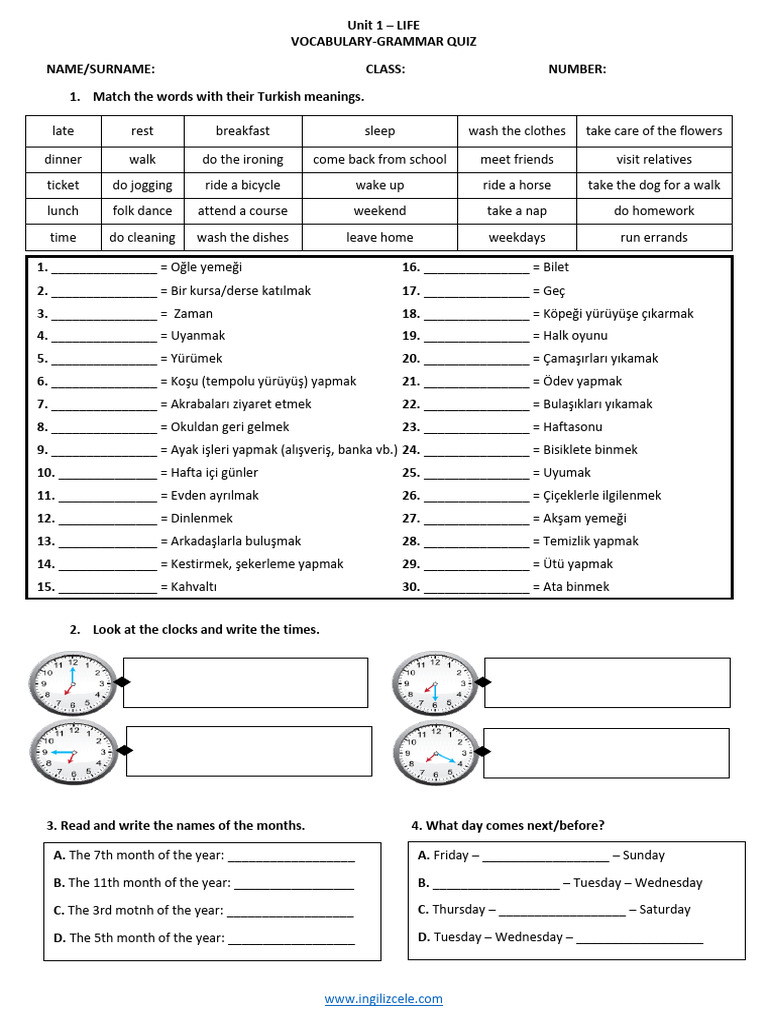 6 Sinif 1 Unite Life Vocabulary Grammar Quiz | PDF