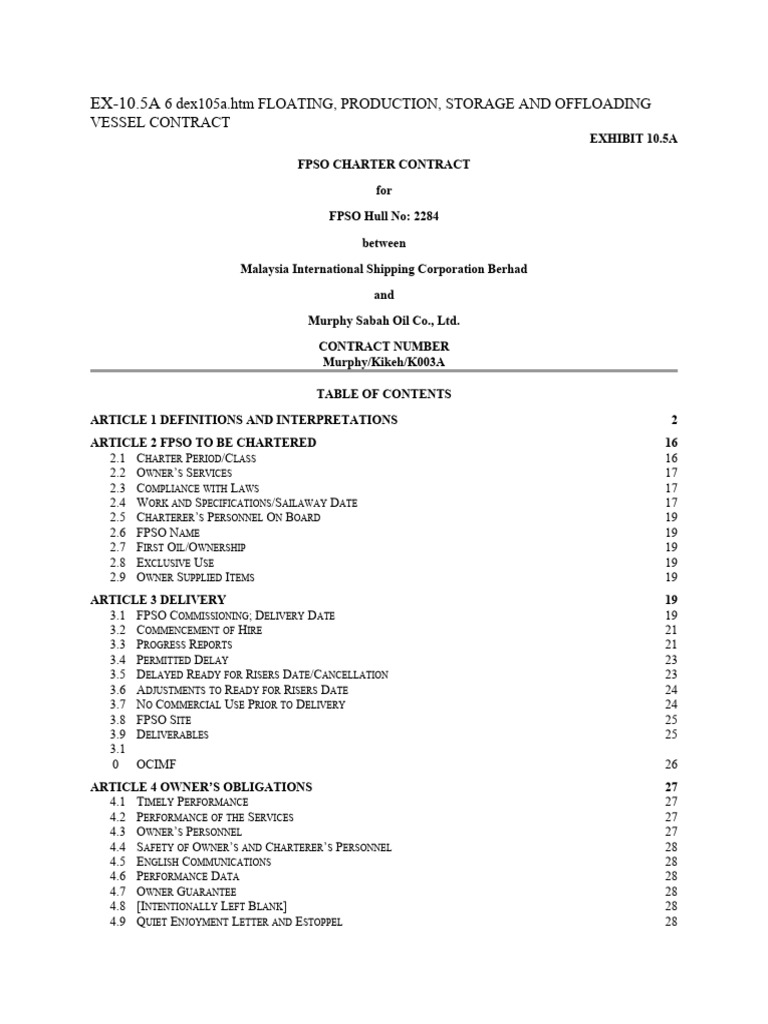 FPSO Charter Contract Overview | PDF | Indemnity | General Contractor