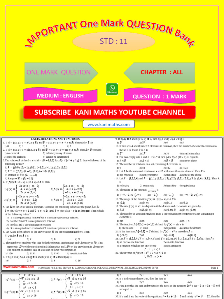 STD 11 MATHS EM One Mark | PDF | Line (Geometry) | Function (Mathematics)