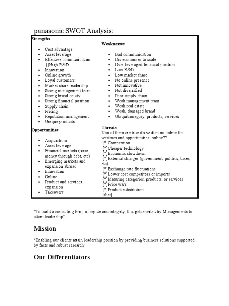 Swot Analysis of Panasonic | PDF