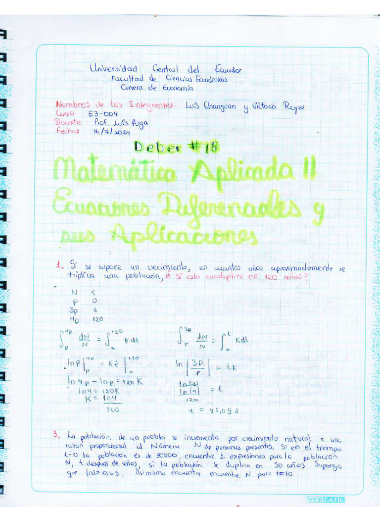 MATEMÁTICA DEBER 18 - Grupo1 - ECUACIONES DIFERENCIALES APLICACIONES | PDF