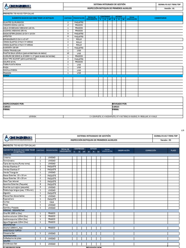 SSOMA - FO.017.TIENS - TDP Inspección de Botiquín de Obra | PDF ... SSOMA - FO.017.TIENS - TDP Inspección de Botiquín de Obra | PDF ...