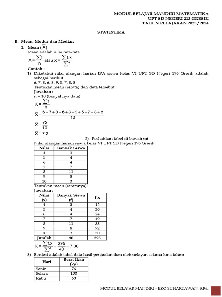 Statistika: Mean, Modus, Median Kelas 5 | PDF | Metode & Bahan Ajar