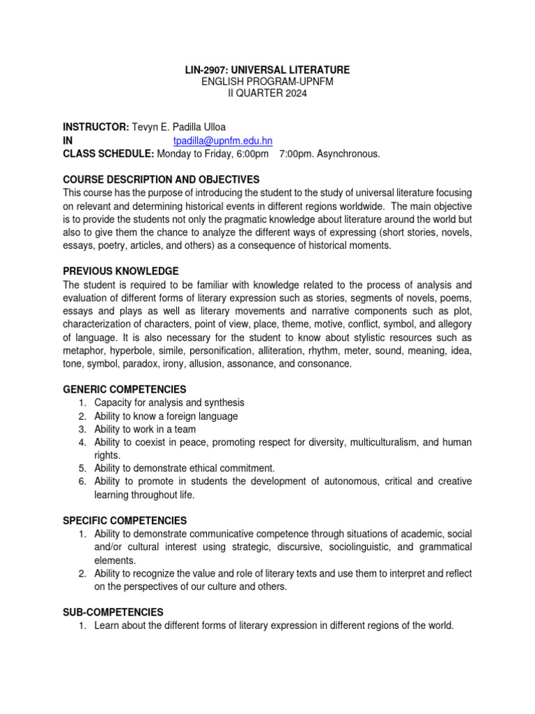 Universal Literature - Asynchronous Syllabus 2 | PDF | Essays | Poetry