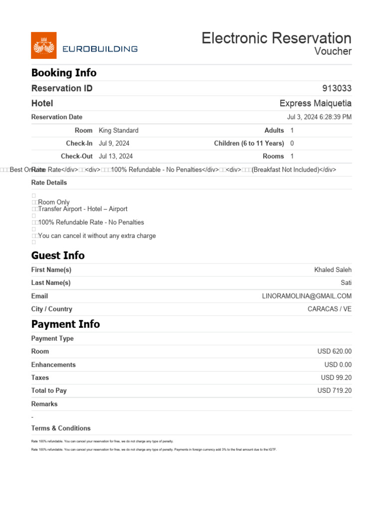 Electronic Reservation: Booking Info | PDF | United States Dollar | Money